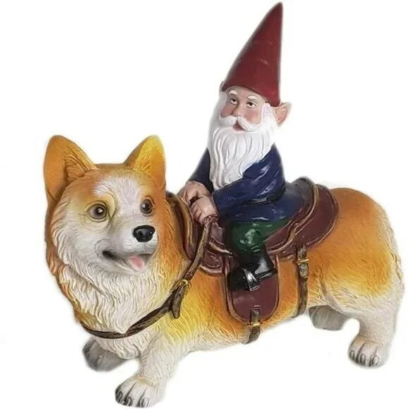 Accents | Garden Gnome Statue Gnome Riding A Corgi Indooroutdoor Garden ...